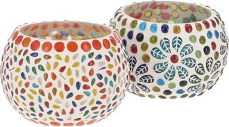 Guru Shop 2 Handgearbeitete Glas Mosaik Windlichter, Romantisches Windlicht, Mosaik Teelicht, Vintage Teelichthalter - Set 2, 6x9x9 cm