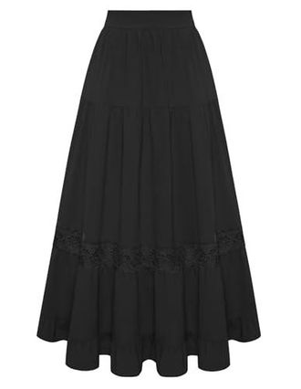 Belle Poque Jupe maxi pliss&eacute;e vintage taille haute trap&egrave;ze pour femme, Noir, M