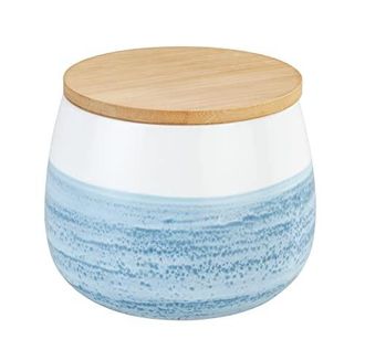 WENKO Aufbewahrungsdose Mala 0,7 L, hochwertige Keramikdose in Weiß mit Aquarell-Dekor in Blau, FSC zertifizierter Bambusdeckel mit Silikonring zur luftdich