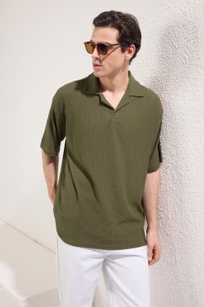 Trendyol MAN Herren Khaki Einfarbig Kurz Oversize Poloshirts
