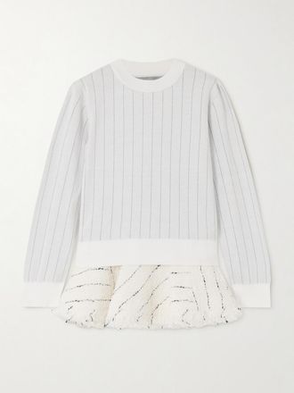 sacai Mehrlagiger Pullover Aus Gestreifter Baumwolle Und Boucl&eacute;-tweed - Grau