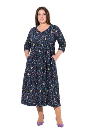 Ulla Popken Damen große Größen Übergrößen Plus Size Jerseykleid, Paisleymuster, A-Linie, V-Ausschnitt, 3/4-Arm schwarz 54+ 836980100-54+
