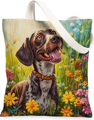 Generic Sac fourre-tout en toile &agrave; poil court allemand pour le shopping, 33 x 38 cm, motif fleurs color&eacute;es, sac d&eacute;picerie r&eacute;utilisable pour femme, motif chien