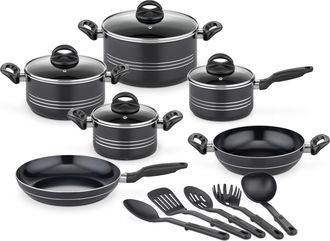 GSW Kochtopf Set Milano Nero, 15-teilig, Hochwertiges Topfset für Induktion, Ceran & Gas, Antihaftbeschichtung, Kochtöpfe mit Glasdeckel & Küchenhelfer, T