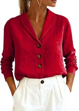 Generic Haut en lin pour femme - Manches longues - Couleur pure - Col en V - Avec boutons - &Eacute;l&eacute;gante - Pour le travail - Classique et polyvalent - Chemisier h