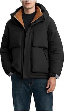 Generic Manteau dhiver rembourré en coton pour homme, chaud, confortable, coupe-vent, veste à capuche épaisse et chaude pour randonnée, voyage, Noir, 3XL