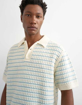 Topman Regular-Fit-Polohemd in blauer Maschinenh&auml;keloptik-Wei&szlig;