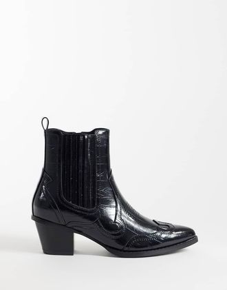 Asos Western-Chelsea-Boots mit kubanischem Absatz in schwarzem Lack in Aaloptik