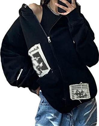 ORANDESIGNE Sweat à Capuche Femme Hoodies Fille Zippé à Manche Longue Veste Hauts Pull Casual Sweatshirt Manteau E-Girl Y2K Gothique Harajuku Pull M Noir XL