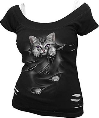 Spiral Femme Bright Eyes - 2in1 White Ripped Top Black T shirt, Noir/Blanc, XL EU