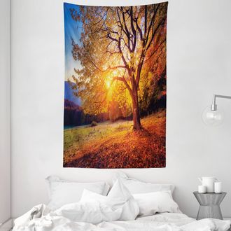 Abakuhaus Blau Braun Wandteppich und Tagesdecke, Herbst-Fall-Baum-Blätter aus Weiches Mikrofaser Stoff Waschbar ohne Verblassen Digitaldruck, 140 x 230 cm, Blau