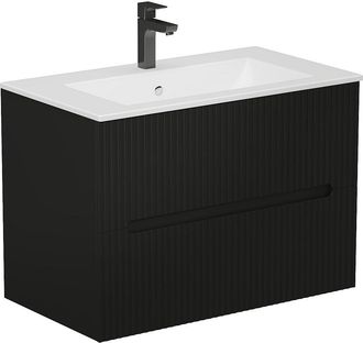 Vente-Unique Waschbeckenunterschrank h&auml;ngend mit Einbauwaschbecken und Armatur - 80 cm - Schwarz gerippt - PAVANI