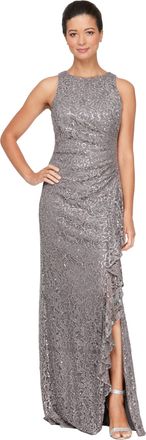 Alex Evenings Damen Langes, &Auml;rmelloses Brautmutter mit Kaskadenr&uuml;schen und Schlitz Vorne (Zierliche und Normale Gr&ouml;&szlig;en) Kleid f&uuml;r besondere Anl&auml;sse, Dunkel