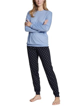 CALIDA Night Lovers Bündchen-Pyjama Damen, aus 100% Supima-Baumwolle, mit stoffbezogenem Gummibund