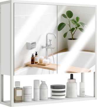 HOMCOM Wandmontierter Badezimmerspiegel mit Soft Close, Badezimmerschrank mit Spiegel, verstellbarem Regal und offenem Regal, Holz und Stahl Badezimmerspiege