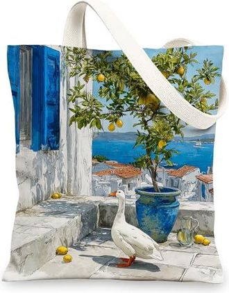 Generic Sacs fourre-tout en toile de citron, sacs à provisions réutilisables, style méditerranéen, léger, lavable, bleu, 13x15 Inch