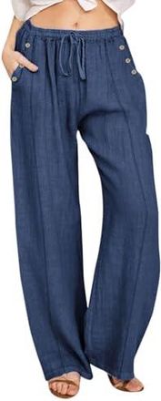 Generic Pantalon dété décontracté en lin pour femmes, jambes larges, cordon de serrage, taille haute avec poches, 2026, bleu, XXL