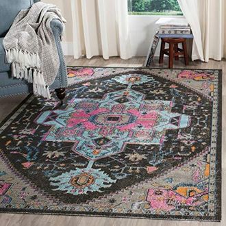 Safavieh Boho Teppich für Wohnzimmer, Esszimmer, Schlafzimmer - Artisan Collection, Kurzer Flor, Schwarz und Hellgrau, 155 X 229 cm