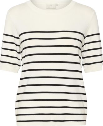 Kaffe Damen, Kurze Ärmel, gestreift, Rundhalsausschnitt, Normale Passform, Hüftlänge Pullover, Kreide/Black Stripe, M