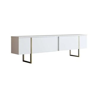 Dmora Meuble TV Centaurus, Buffet de Salon, Armoire Basse pour TV, Base Murale de Rangement, 180x30h50 cm, Blanc et Or