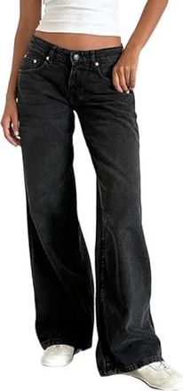 Onsoyours Jean Femme Taille Basse Coupe Droite Straight Jeans Y2K Baggy Jambes Larges Pantalon en Denim Automne Hiver Elastique Jeans A Gris Foncé XXL