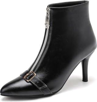 Generic Bottes De Cheville Chic Femme Zip Avant Décor Boucle Talons Aiguilles Simili Cuir Élégantes Fêtes Soirées Bureau,Noir,42 EU