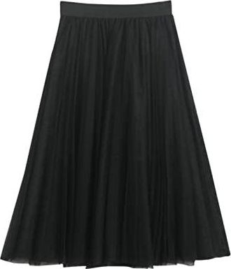 Generic Lin Jupe courte pliss&eacute;e mi-longue - Jupe &agrave; volants en maille H en mousseline de soie - Taille haute - Jupe &agrave; bulles - Jupe en jean - Crayon, Noir, tai