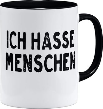 OM3 Ich Hasse Menschen Kaffee-Tasse mit lustigem Spruch - Keramik Becher - 11oz 325ml - Beidseitig Bedruckt - Schwarz