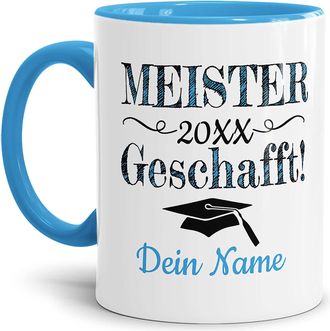 Tassendruck Tasse mit Spruch - Abschluss geschafft Meister - zum selbst Gestalten mit Wunschname und Abschlussjahr - Geschenk für den Abschluss zum Meister, Henke