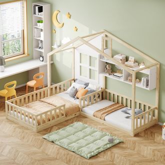 Merax Kinderbett 90 x 200 cm und 70 x 140 cm, Bodenbett mit Schutzgitter, H&uuml;ttenbett mit Lattenrost und Regal, f&uuml;r Jungen und M&auml;dchen, Natur und Wei&szlig; (ohne 