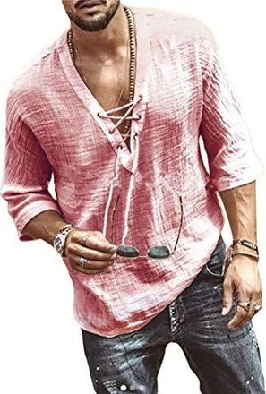 Onsoyours Hommes Chemises Solid Manches Longues Slim Fit Mode Oeil de Poulet à Lacets à Col en V pour Hommes Chemise à Manches Vintage Ample Rose L