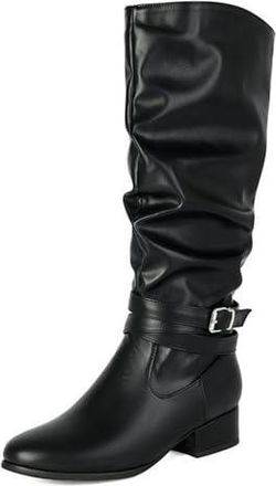 Generic Bottes d&eacute;quitation montantes pour femme avec sangle &agrave; boucle, fermeture &eacute;clair lat&eacute;rale, bout rond, talons bas, chaussures de moto souples, Noir, 40.5
