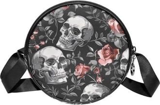 Generic Sac &agrave; bandouli&egrave;re rond pour femme, motif t&ecirc;te de mort, fleurs, petit sac &agrave; dos &agrave; bandouli&egrave;re avec fermeture &eacute;clair, bretelles r&eacute;glables, sac &agrave; main ro