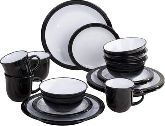Retsch Arzberg Kombiservice Tafelgeschirr CAMDEN SCHWARZ-Black/Set 16teilig f&uuml;r 4 Personen/Steinzeug 2-farbig wei&szlig;-schwarz/rund mit leichtem Relief/Waterside England