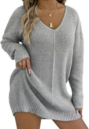 Generic Robe Tricotée Femme Décolleté V Profond Robes Pull Manches Longues Coupe Ample Élégante Robe Midi