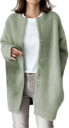 Generic Cardigan long en laine pour femme avec poches avant et revers chaud, Vert, XXL