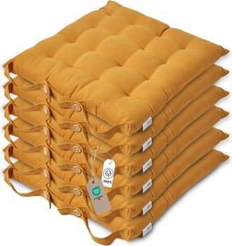 Homescapes 6er Set Stuhlkissen 40x40 cm senfgelb - Sitzkissen Outdoor/Indoor mit Baumwollbezug, Sitzpolster waschbar und Oeko-TEX-Zertifiziert f&uuml;r Esszimmer-, K&uuml;