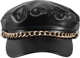 Yarnow Casquette Plate en Cuir PU Noir avec Cha&icirc;ne D&eacute;corative, Casquette de Marin Ajustable 56-60 Cm, B&eacute;ret Vintage &agrave; Visi&egrave;re Courte, Chapeau DOfficier Brita