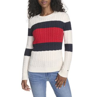 Tommy Hilfiger Damen-Pullover aus Baumwolle mit Rundhalsausschnitt und Zopfmuster, Elfenbeinfarben, Mehrfarbig, X-Klein
