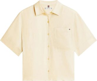 Tommy Hilfiger Femme, Blouses et Chemises, Beige, Taille: 40 FR Chemise &agrave; Manches Courtes en Pur Lin Coupe D&eacute;contract&eacute;e