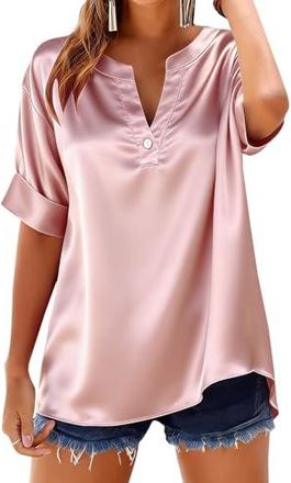Generic Haut &agrave; manches courtes pour femme - Chemisier ample en satin pour femme - Chemisier habill&eacute; &agrave; manches courtes et col en V - &Eacute;paules tombantes - L&eacute;ger 