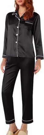 Generic Pyjama en satin de soie pour femme - Ensemble de pyjama en satin noir pour femme - Ensemble de pyjama soyeux long &agrave; boutons - Ensemble de pyjama soyeu