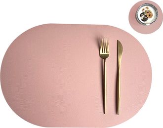 Railonch Oval Tischsets Abwischbar, Leder Kunstleder Platzset Zweifarbig Wasserdicht Platzdecken mit Untersetzer &uuml;r Hause K&uuml;che Restaurant (Rosa/Dunkelgrau,4 S