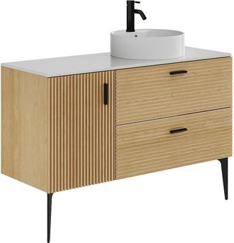 Vente-Unique Badezimmerm&ouml;bel geriffelt stehend mit rundem Aufsatzwaschbecken - 1 T&uuml;r und 2 Schubladen - Natur hell - 120 cm - SARONE