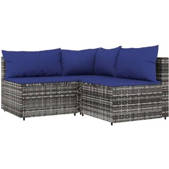 vidaXL 3-tlg. Garten-Lounge-Set mit Kissen Grau Poly Rattan - Vidaxl