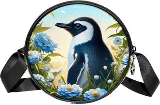 Generic Petit sac &agrave; bandouli&egrave;re rond pour femme, motif pingouin, fleur de pingouin, sac &agrave; dos avec fermeture &eacute;clair, bretelles r&eacute;glables, sac &agrave; main rond d&eacute;co