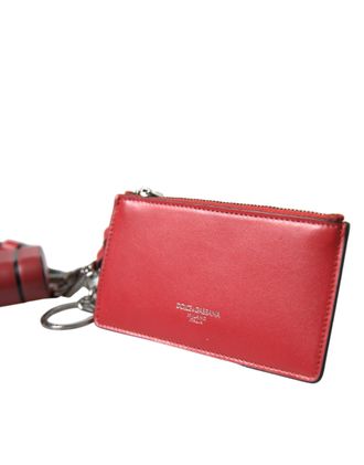 Dolce & Gabbana Mens Red Leather Silver Metal Logo Strap Pouch Airpods Case Calf Accessory
