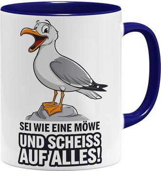 OM3 witzige Kaffee-Tasse mit Spruch - sei wie eine Möwe und scheiss auf alles | Keramik Becher | 325ml | Beidseitig Bedruckt | Dunkelblau