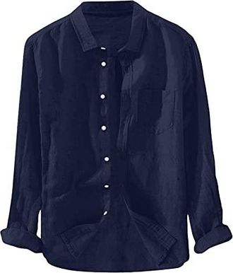 Generic Chemise d&eacute;t&eacute; l&eacute;g&egrave;re en coton et lin pour homme, coupe droite, t-shirt d&eacute;t&eacute; classique &agrave; manches longues &agrave; revers d&eacute;contract&eacute;, uni, id&eacute;al pour le week-e