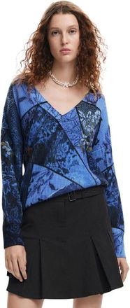 Desigual Womens Woman Flat Knit Thick Gauge Pullover Sweater, Blue, L